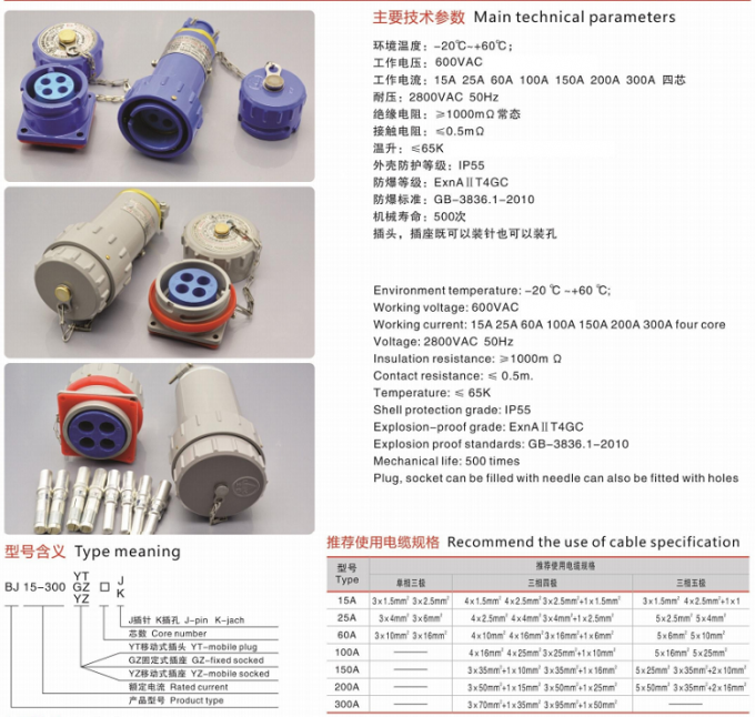 32A 60A YT/GZ Fix Explosion Proof Plug Socet ATEX 3Pin 4Pin 5Pin Connector