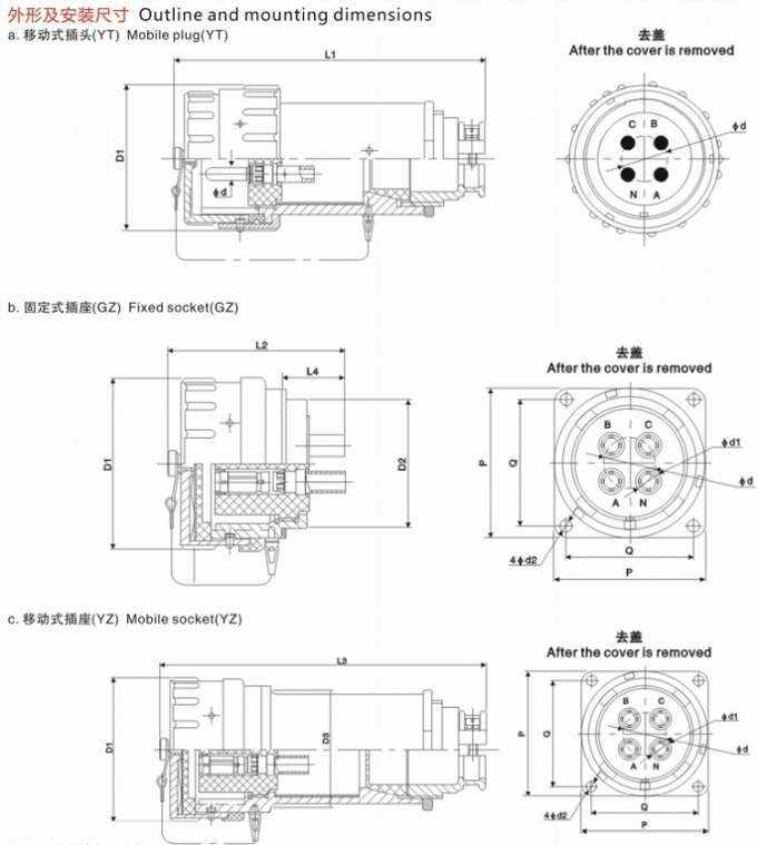 32A 60A YT/GZ Fix Explosion Proof Plug Socet ATEX 3Pin 4Pin 5Pin Connector